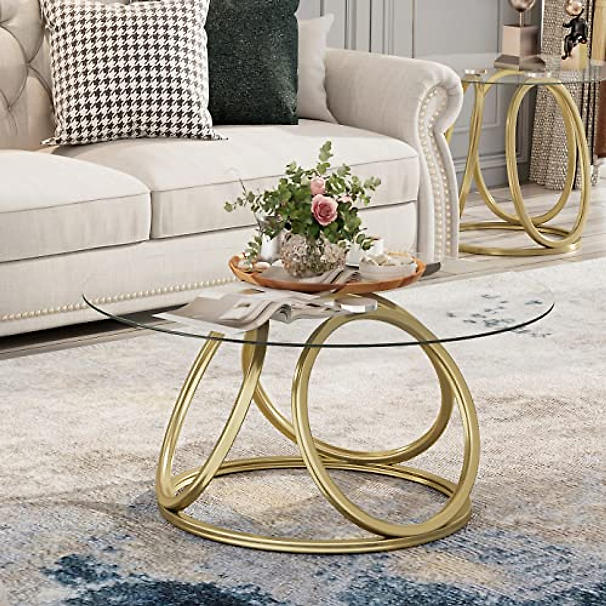 O&K FURNITURE Gold Coffee Table, Modern Round Glass Coffee Table for Living Room with Ring-Shaped Frames, Gold Glass Table for Home&Office,Gold Finish, 1PC