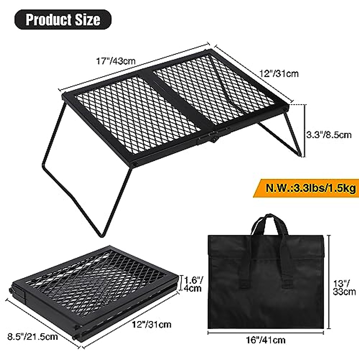 Lineslife 17'' Folding Campfire Grill Grate Over Fire Pit, Portable Heavy Duty Steel Camping Grill Grate, Camp Fire Cooking Equipment for Outdoor BBQ Picnic, Black