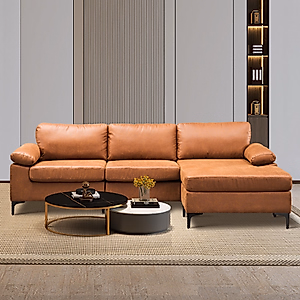 ovios 97.6" L Shaped Sectional Sofa with Reversible Chaise, 3 Seat Comfy Suede Leather Couch with Convertible Chaise, Modern Mid-Century Sofa for Living Room, Brown