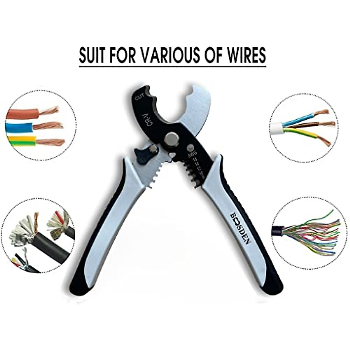 Wire Cutters Stripper, BOOSDEN 8 inch Cable Cutters, Awg Wire Cutters,Precision Wire Stripper,Heavy Duty Cable Cutters, Spring Cable Cutting Pliers for Aluminum Wire,Communications Cable Cutting