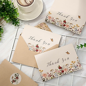 JarThenaAMCS 50 Pack Wildflower Thank You Cards Vintage Flower Greeting Cards Floral Blank Note Cards with Kraft Envelope Sticker for Birthday Wedding Bridal Shower, 4 x 6 Inch