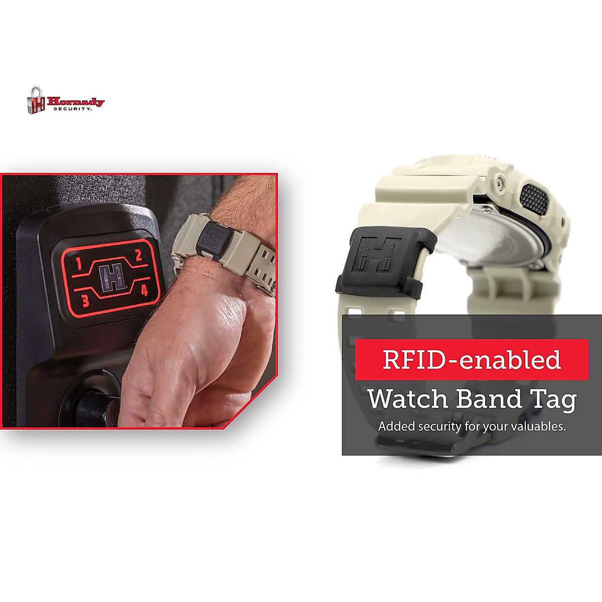Hornady RFiD Watch Band Tag - Universal RFID Tag Attaches to your Watch Band, Opens Your RFID Safe - Keep Your Safe Key Accessible, Slips Onto Your Watch Band - Black Logo