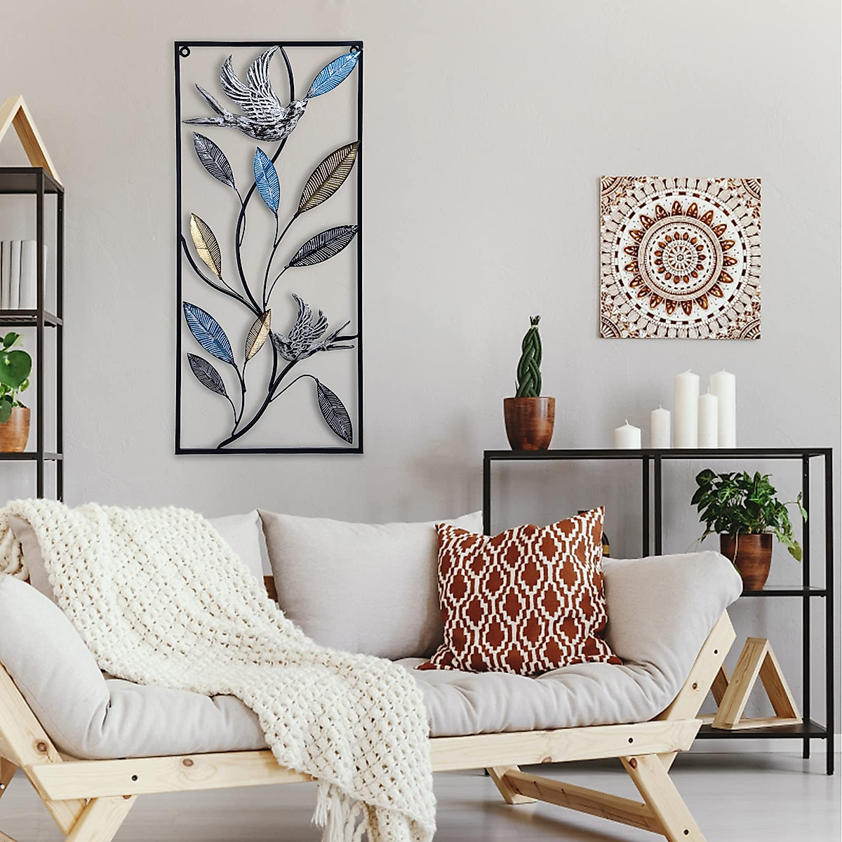 OUSHUAI Home Wall Decor Rectangle Wood Or Metal Wall Décor - Eclectic Wall Hanging Art Sculptures With Fram for Living Room, Office, Study