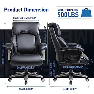 Big and Tall Office Chair 500lbs-Heavy Duty Ergonomic Computer Chair with Extra Wide Seat, High Back Executive Large Desk Chair with Thick Bonded Leather and Tilt Rock, Adjustable Lumbar Support-Black