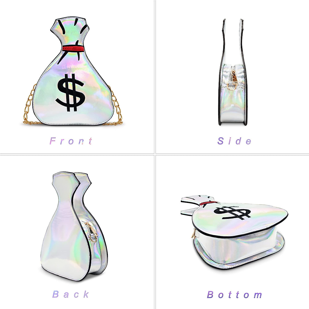 USTYLE Unique Cartoon Money Bag, Women Crossbody Shoulder Bag Cute Purse with Chain Strap (holo-silver)