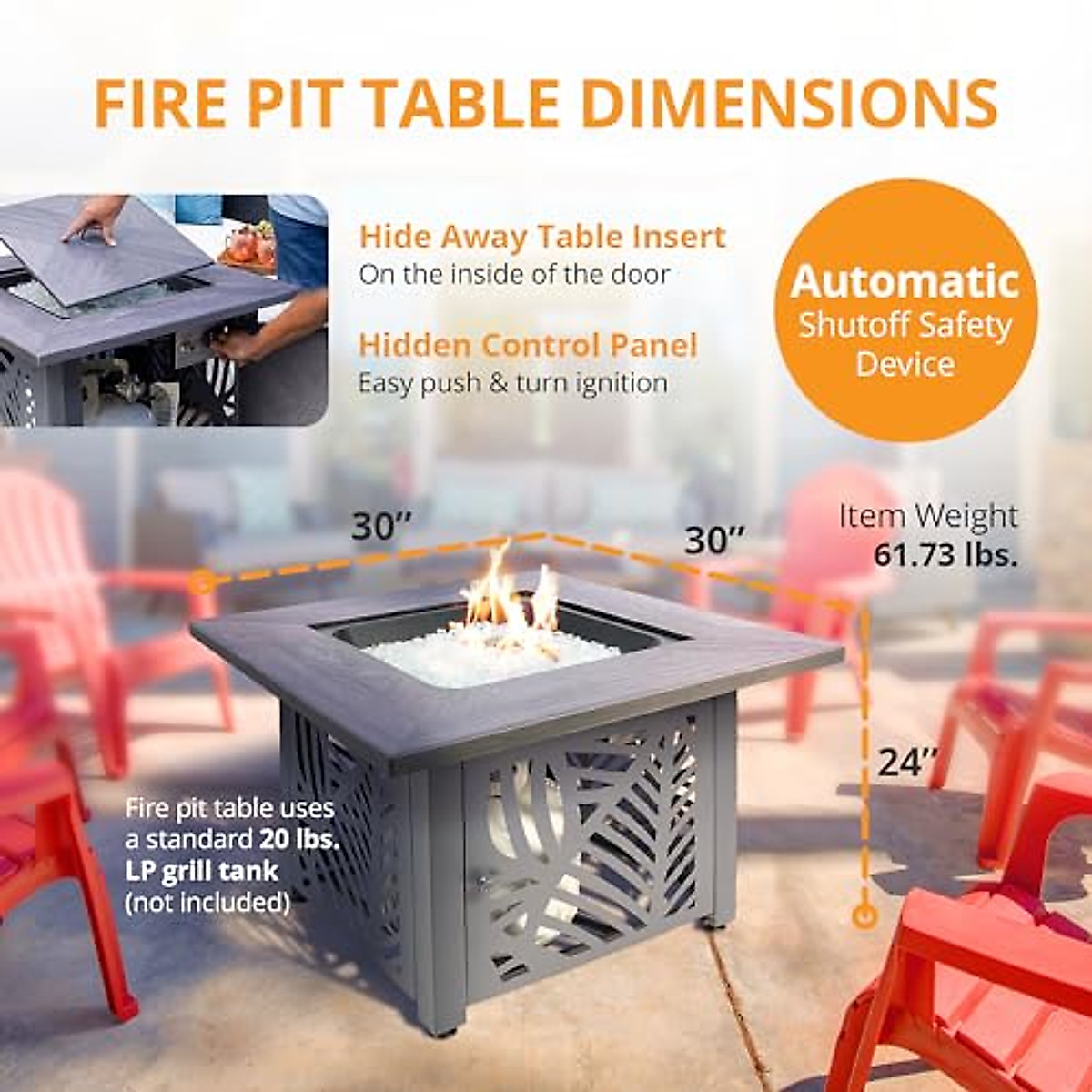 Endless Summer Lindsey 30 Inch Square Outdoor UV Printed 50,000 BTU LP Gas Fire Pit​ Patio Table with Faux Wood Mantel and Stamped Steel Base