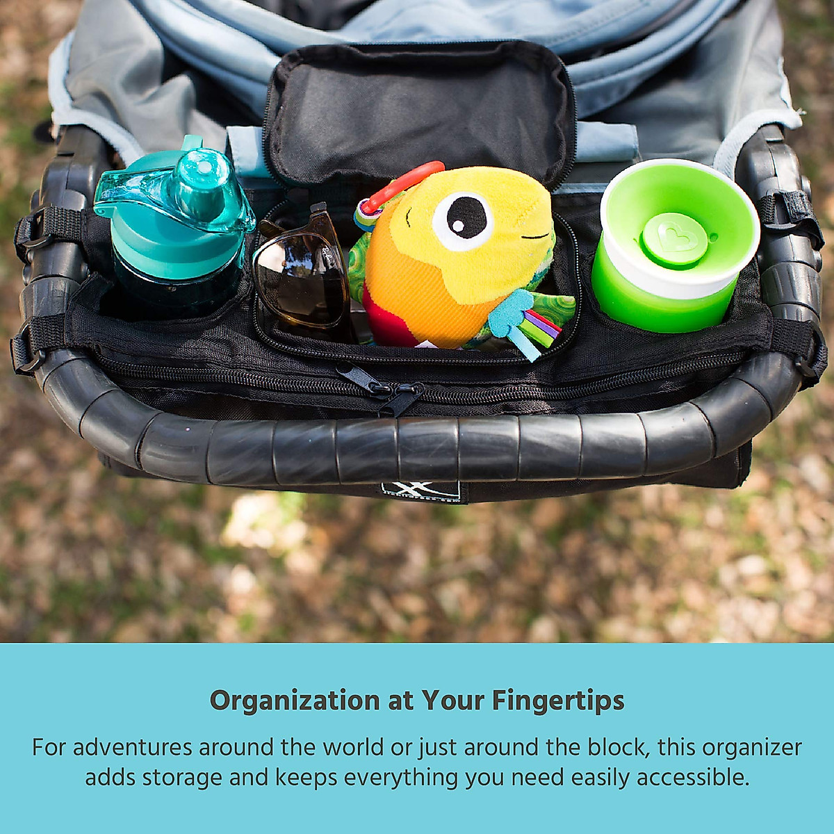 J.L. Childress Sip N Safe - Universal Stroller Accesory and Organizer - Deep Cup Holders, Zippered Compartments, Secure Pockets - for Jogging Strollers, Doona, Graco, Jeep, UPPAbaby, BOB - Black
