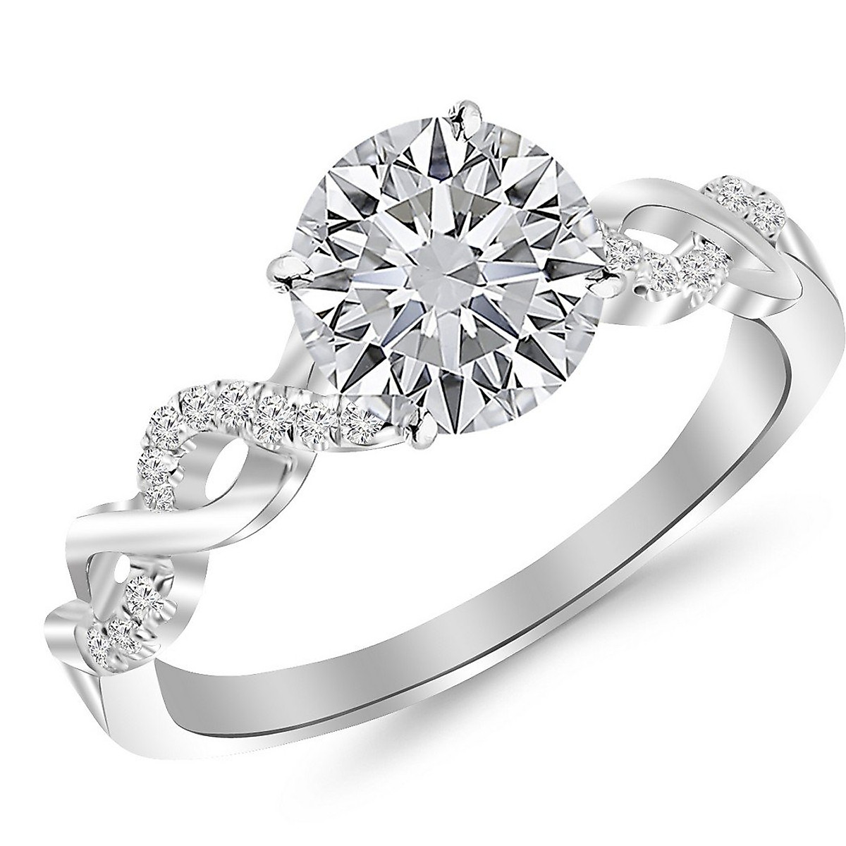 1.33 Carat t.w. ROUND Shape/Center Twisting Infinity Silver and CZ Split Shank Pave Set CZ Engagement Ring