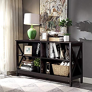 Tangkula TV Stand for TVs up to 55 Inches, 47" Farmhouse Entertainment Center with 4 Open Shelves & Built-in Cable Holes, TV Console Table with X-Shaped Frame for Living Room (Brown)