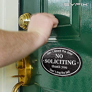 iSYFIX No Soliciting Sign Sticker for House, Home & Business - 4 Pack 7x4.6 inch - Premium Self-Adhesive Vinyl, Laminated for Ultimate UV, Weather, Scratch, Water and Fade Resistance, Indoor & Outdoor