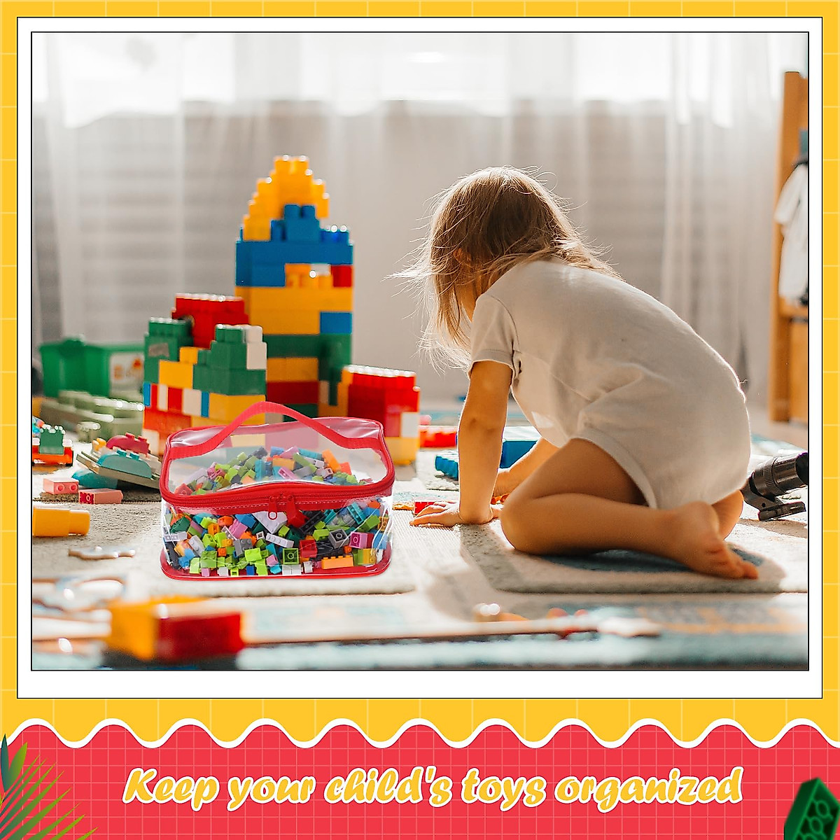 Nitial 3 Packs Small Clear Toy Storage Bags, PVC Toy Storage Bags with Zipper Handle, Waterproof Storage Bag Container for Small Toys, Building Blocks and Board Games(Red, Blue, Green)