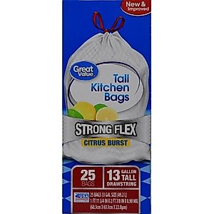 Great Value Strong Flex Tall Kitchen Bags, Citrus Burst, 13 Gallon, 25 Count