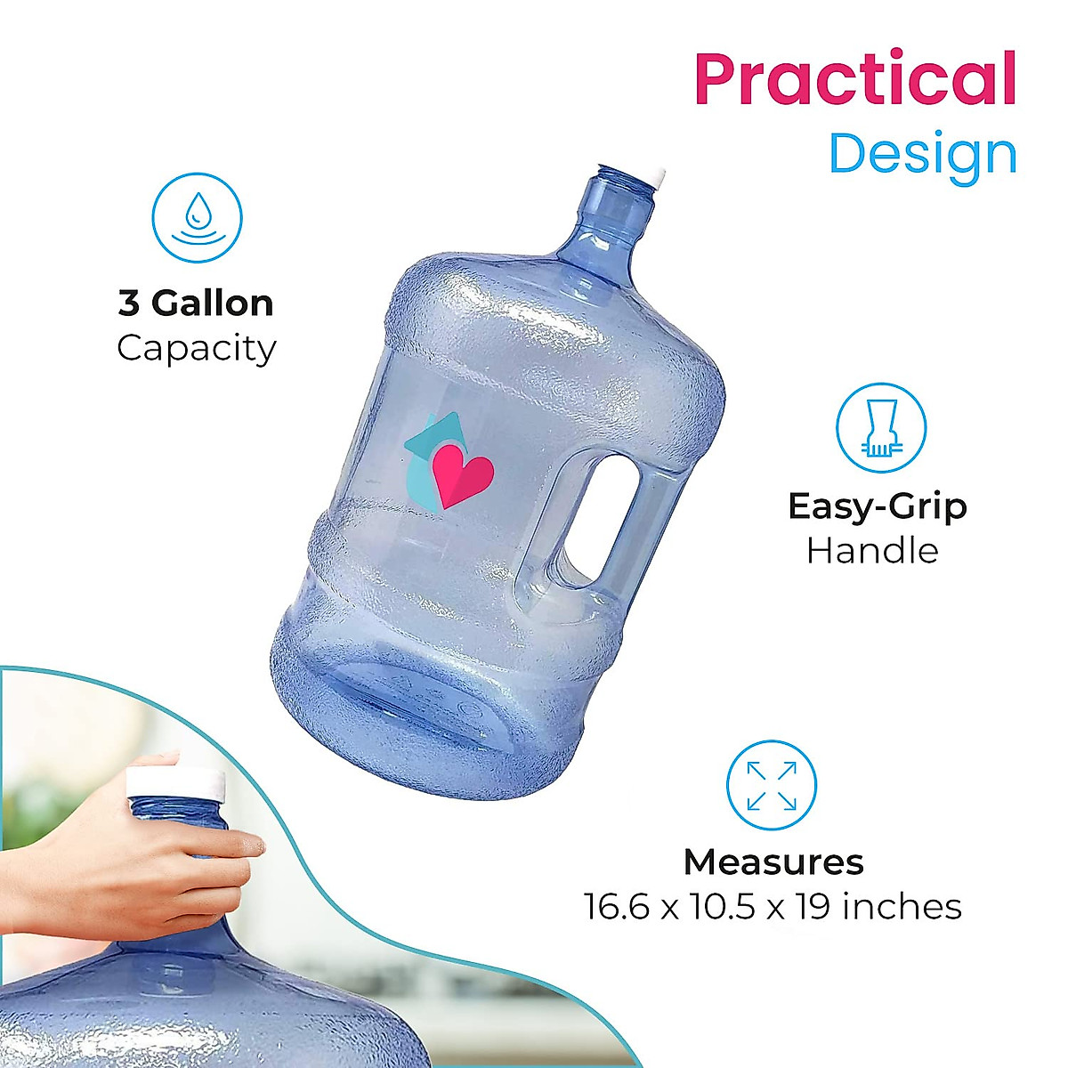 Lavo Home 3 Gallon Water Bottle With Screw Cap, Reusable 3 Gallon Water Container With Easy Grip Handle, BPA Free Water Jug for Home or Camping, 3 Gallon Water Storage Containers, Single Unit