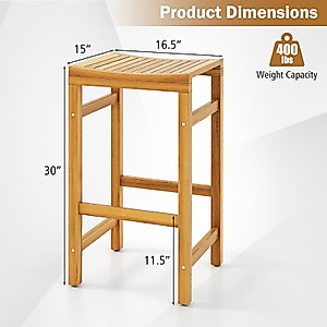 HAPPYGRILL Outdoor Wood Bar Stools Set of 2, Patio Bar Stools with Ergonomic Seat & Comfortable Footrest, Acacia Wood Bar Stools, 30-Inch Bar Height Stools for Garden Deck Balcony Poolside