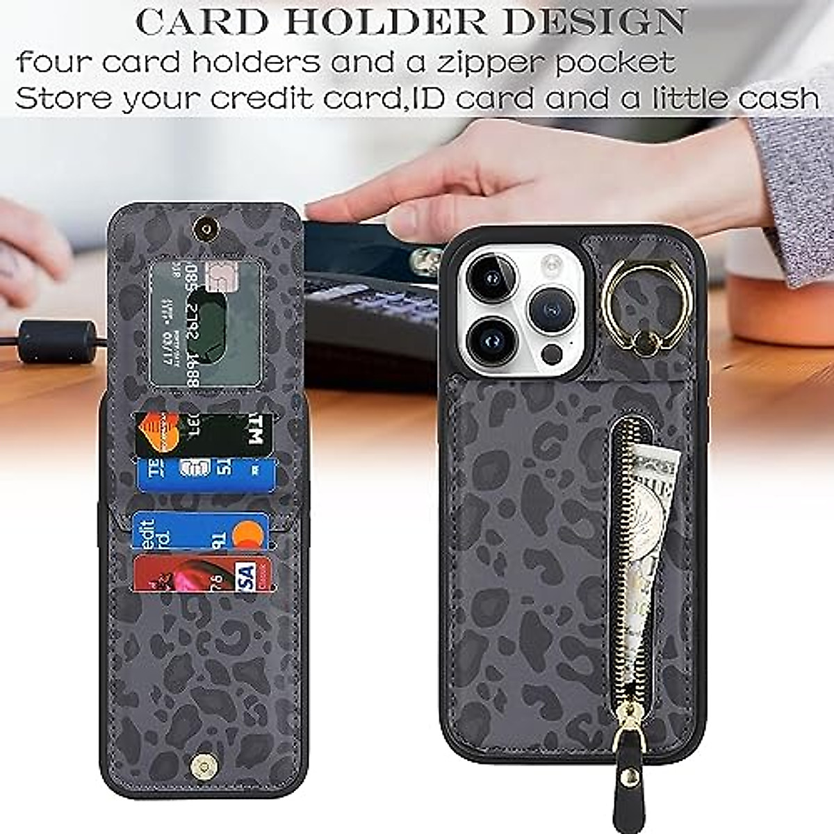 DEYHU iPhone 13 pro Case with Card Holder for Women, iPhone 13 pro Phone Case Wallet with Credit Card with Ring Kickstand Zipper Shockproof Slim Stand Case for iPhone13pro - Black Leopard