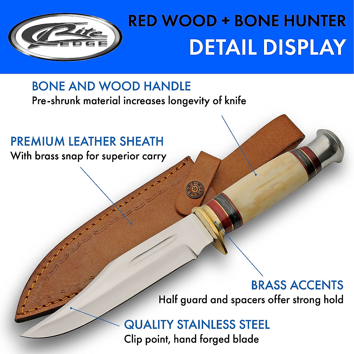 SZCO 11.5” Bone Handle Red Outdoor Hunting Knife With Sheath (203450-RD)
