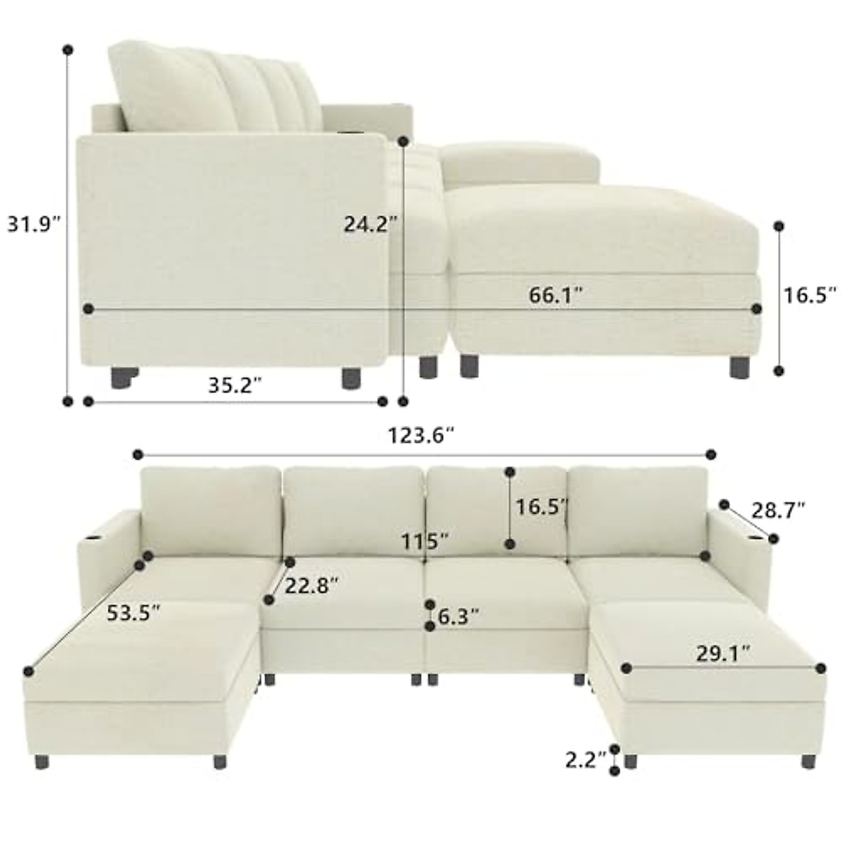 Free Combination Convertible Modular Sectional Sofa with Movable Ottomans and Storage, Oversized Symmetrical U Shaped Reversible Corner Couch with Cupholders, 6 Seat Sofa&Couch Bed for Living Room