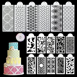 DI QIU REN 16PCS Cake Stencils Decorating Buttercream, 15X5.9 Inch Fondant Stencil for Cake Decoration Lace Cake Stencil & Template, Geometric Icing Stencil Cake Printing Mold Side Baking Mesh Stencil