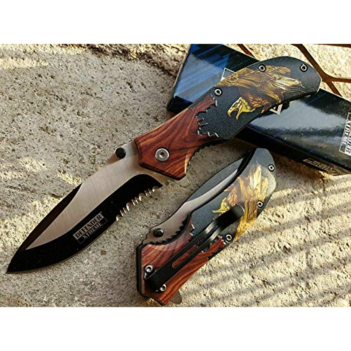 8.5" Spring Assisted Pocket Knife for Men Blade Eagle Wood Handle with Ultra Sharp Blade Premium Tactical Folding Knife Survival Hunting Camping Knives