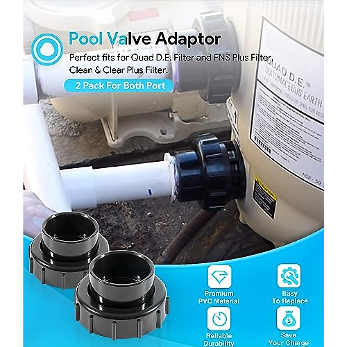 2 Pack 270100 Black Pool Valve Adaptor Replacement Kit for Quad D.E. Filter, FNS Plus Filter, Clean & Clear Plus Filter, Pool/Spa Cartridge Filter