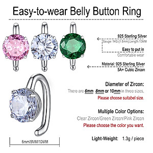 FLYUN Belly Button Ring, Hypoallergenic Sterling Silver Belly Ring Hoop, Belly Piercing Ring, Floating Navel Piercing Minimalist Jewelry (8MM Zircon, Clear & Pink & Green)