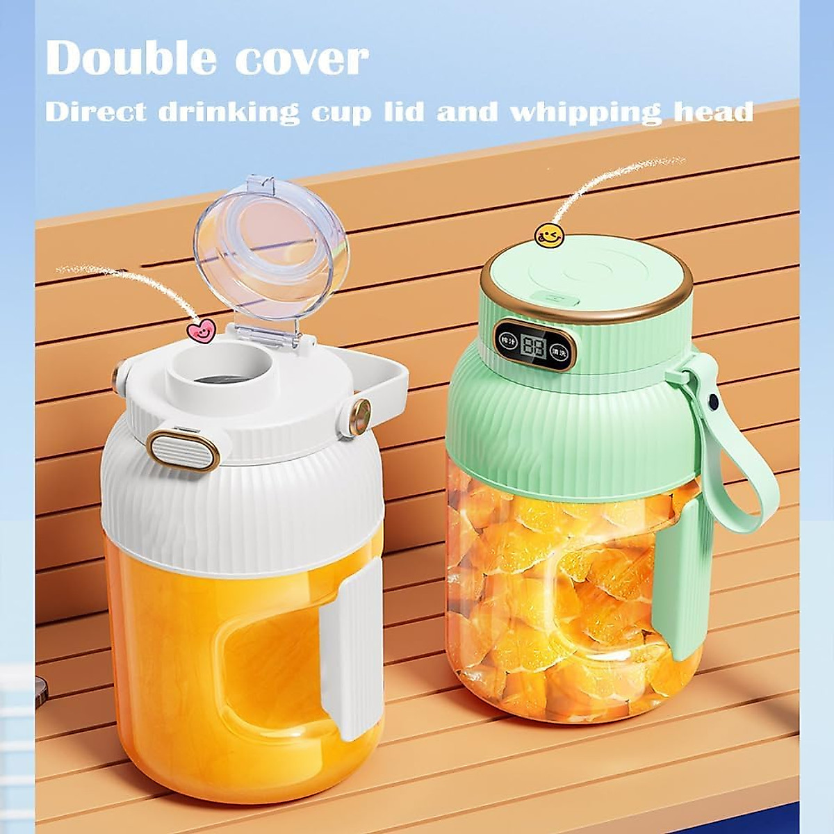 Multifunctional Portable Juicer Cup With Digital Display, Portable Juicer Blender With Direct Drinking Lid, HGwez Multifunctional Portable Juicer Cup, Portable Juicer (Blue, Double Cup+Double Lid)