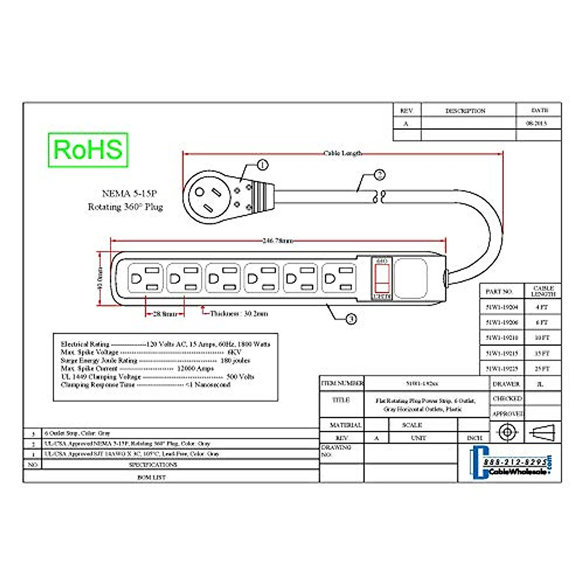 25 feet Surge Protector, Flat Rotating Plug, 6 Outlet, Black Horizontal Outlets, Plastic, 25ft Power Cord, Surge Protector Multi Plug, CableWholesale