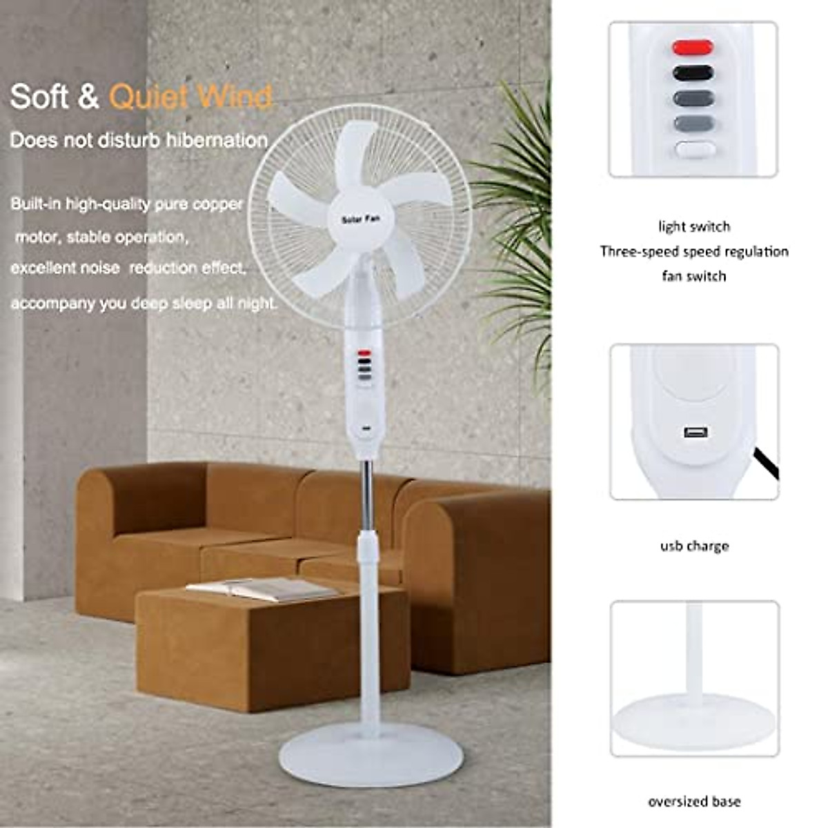 Rechargeable Fan 16” Solar, USB, Lamp, 18000 mAH Battery, Operated Stand Fan.
