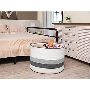 24" x 24" x 17" Max Size Large Cotton Rope Basket, Extra Large Storage Basket, Woven Laundry Hamper, Cloth Storage Bin, for Blankets Clothes Towels Pillows in Living Room, Double Graded Grey