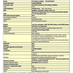 HP Elitebook 8460p 2.5GHz Intel Core i5-2520M processor, 8GB DDR3 memory, 250GB HDD, Windows Professional 64-bit