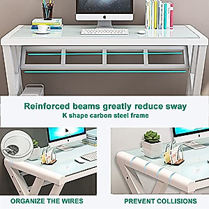 SAMERY Computer Desk, 55.1 Inch Modern Simple Office Desk Computer Table Study Gaming Writing Desk for Home Office, Glass Top/Metal Frame, Black