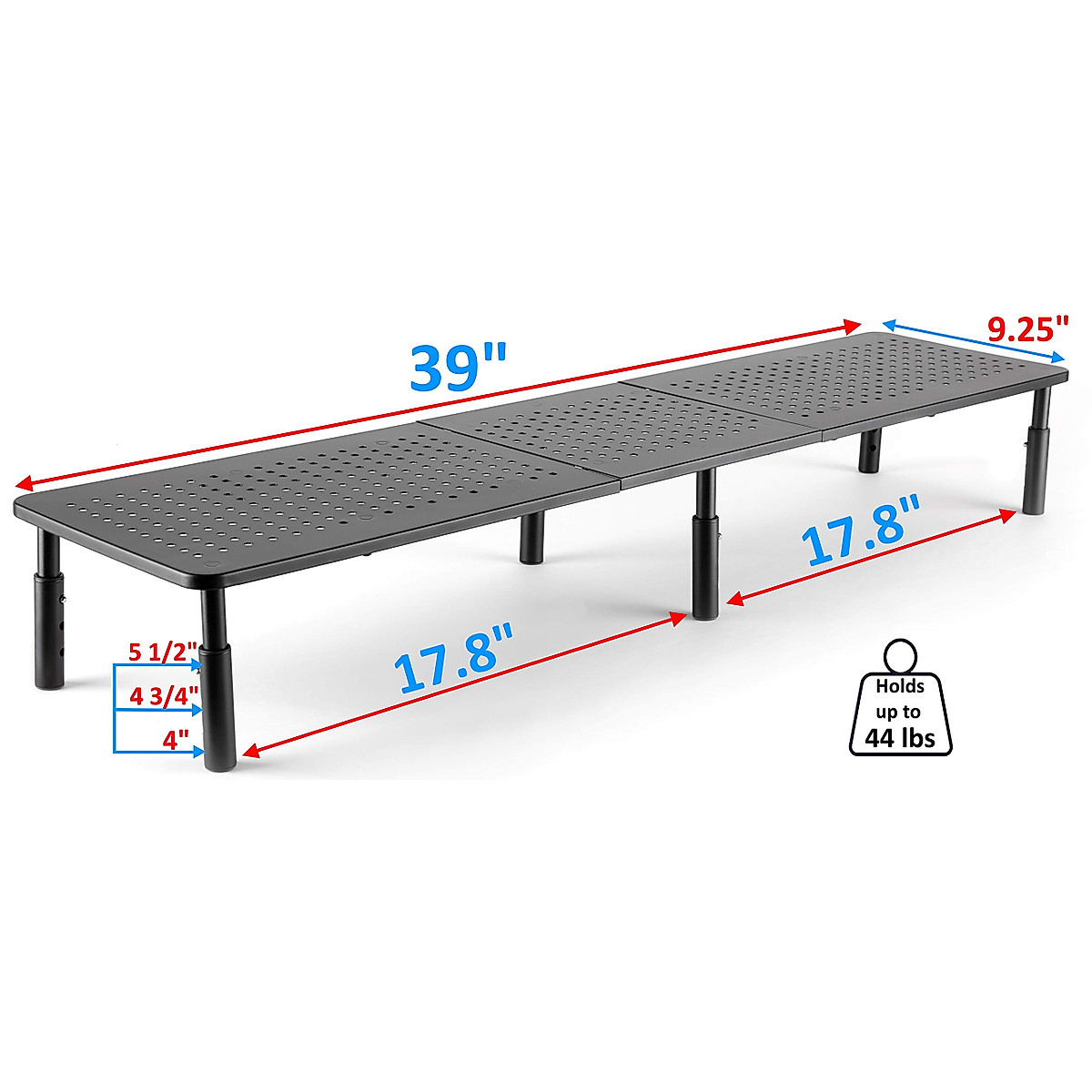Husky Mounts Large Dual Monitor Stand Riser, Adjustable Legs, 39" x 9.25" x 5.5" Max Height, Matte Black Steel