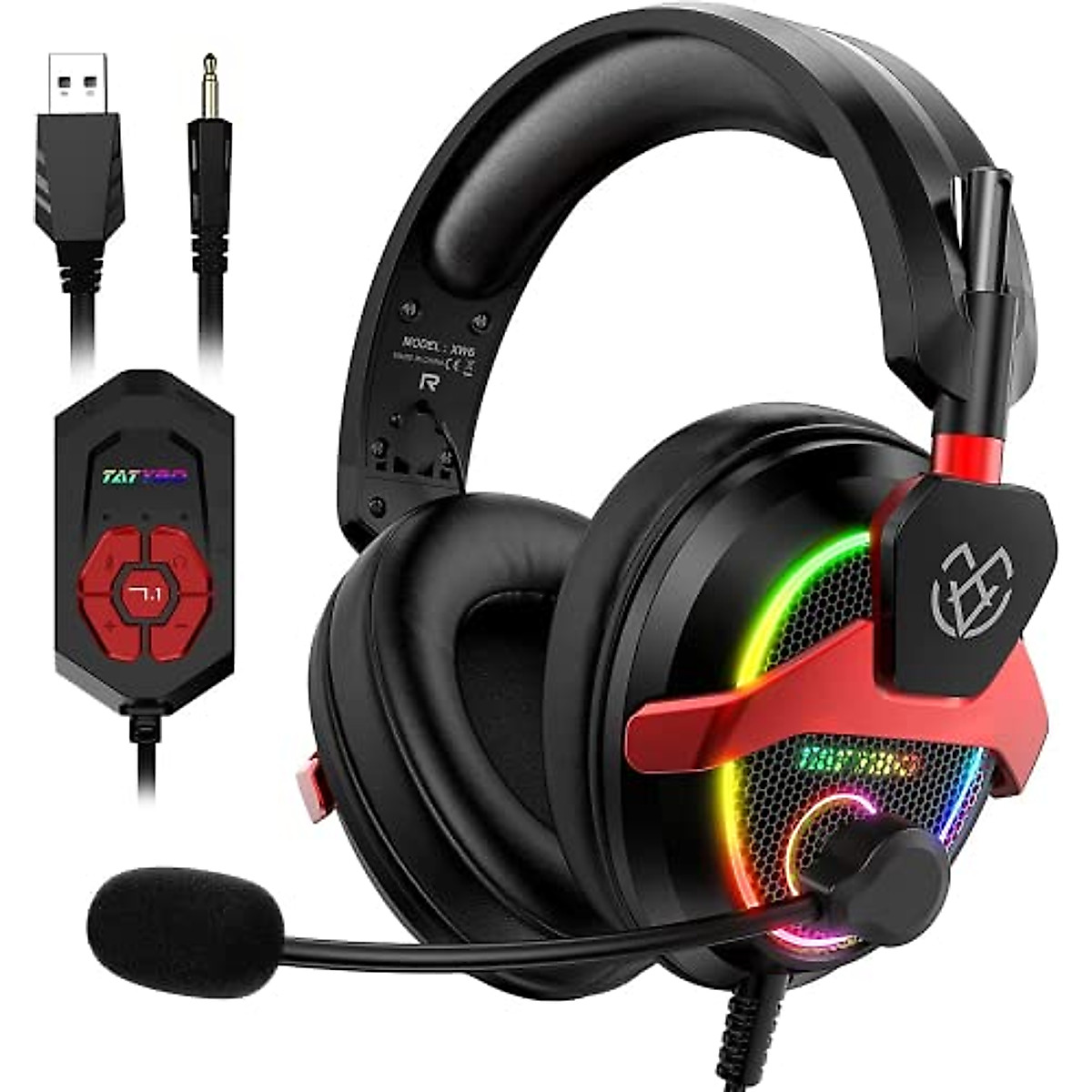 Tatybo 7.1 Surround Sound Gaming Headset for PC PS4 PS5 Switch, USB & 3.5mm PC Headset with Noise Cancelling Mic