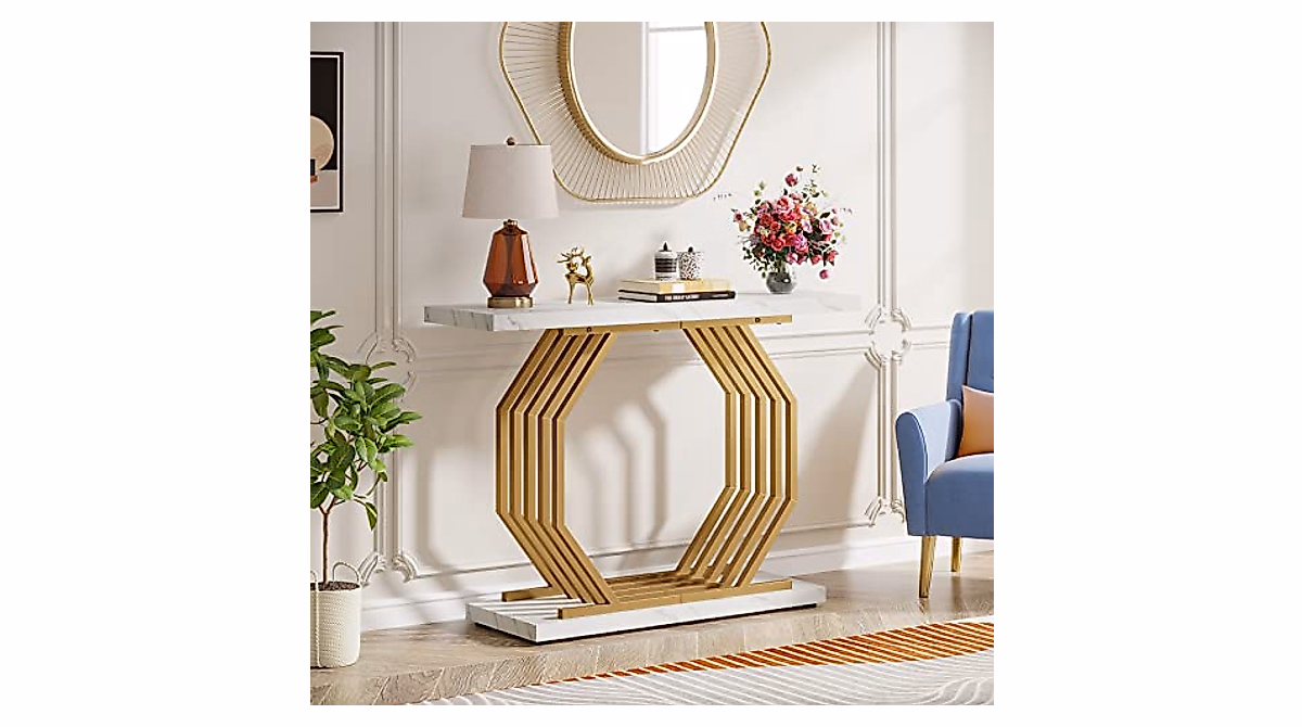 Tribesigns Gold Console Table - Faux Marble Entryway & Sofa