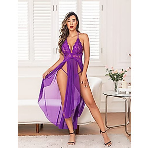 Giorzio Women Lingerie Lace Babydoll V Neck Chemise Halter Mesh Nightwear Sexy Long Gown Lingerie Sheer Dress Purple,S