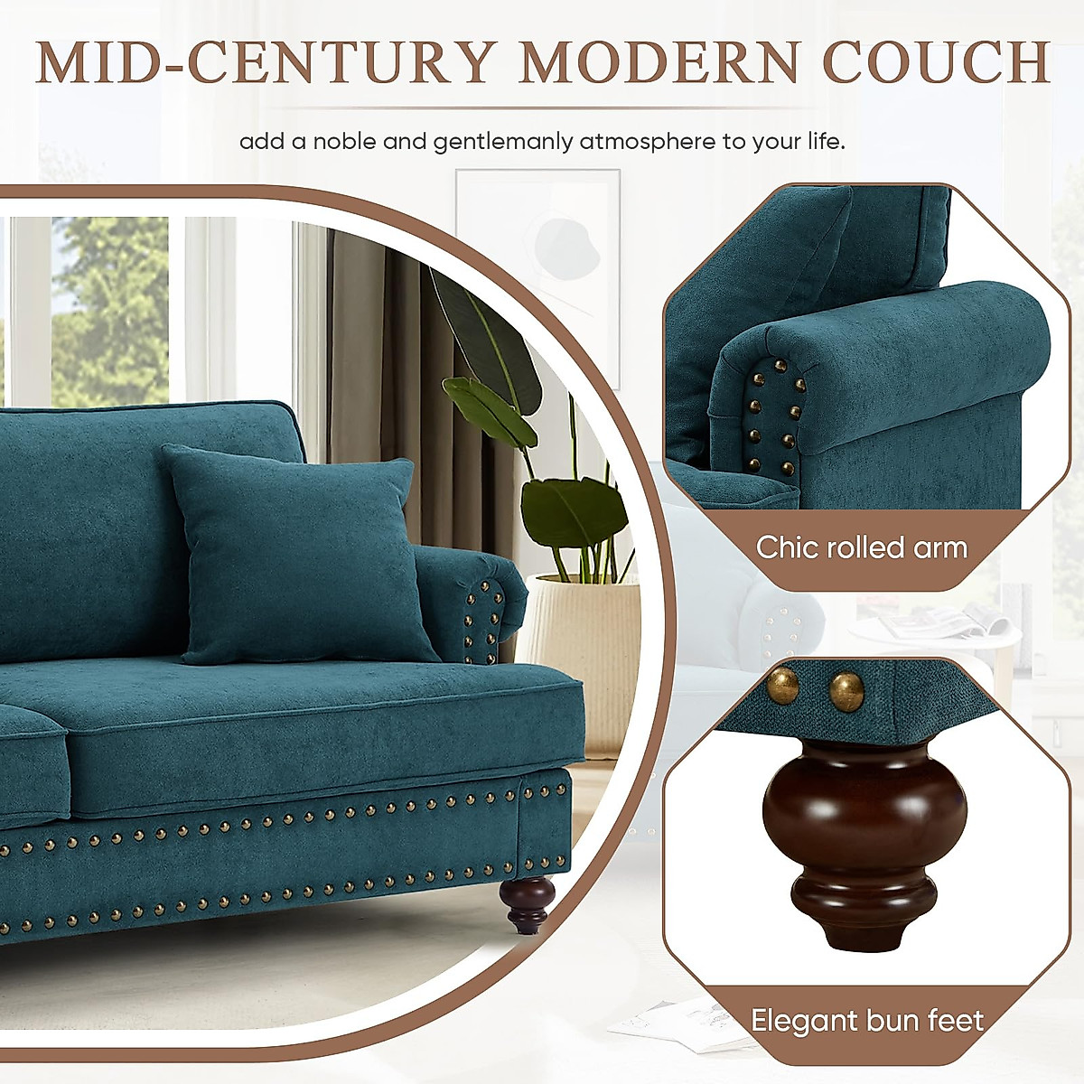 Antetek 2-Piece Upholstered Chenille Sofa Couch Set, Mid-Century Modern Loveseat Sofa+3 Seater Couch with Wood Bun Feet/Pillow for Living Room, Office, Furniture Set, Lake Green