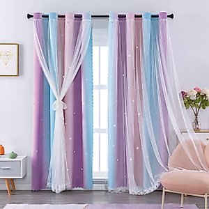 XiDi Blackout Curtains for 63 inches Long, Girls Bedroom Decro, Window Ombre Curtains 2 Panel Sets, Kids Room Unicorn Princess Theme Home Decor Colorful Rainbow Design Pink/Purple, W34 X L63 2 Panels