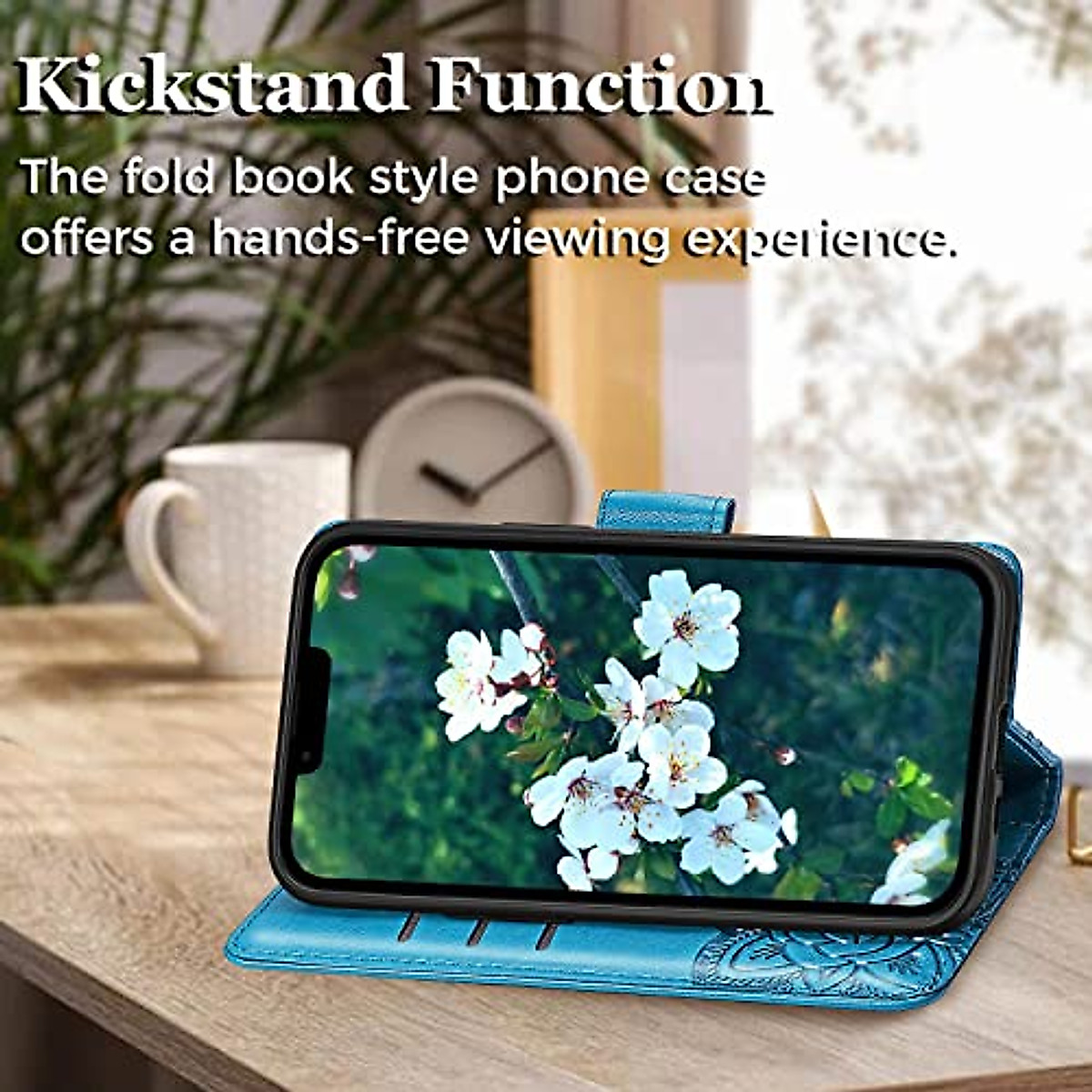 Designed for iPhone 13 Case Wallet for Women,Flip Folio Cover with Butterfly Embossed PU Leather Kickstand Credit Card Holder Slots Magnetic Wrist Strap Protective Phone Case for iPhone 13 (Blue)
