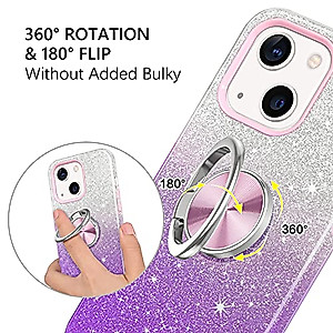 GUAGUA Compatible with iPhone 13 Mini Case 5.4 Inch Glitter Sparkle Bling Cute Cover for Girls Women with Pink Ring Holder Kickstand Shockproof Protective Case for iPhone 13 Mini Gradient Purple