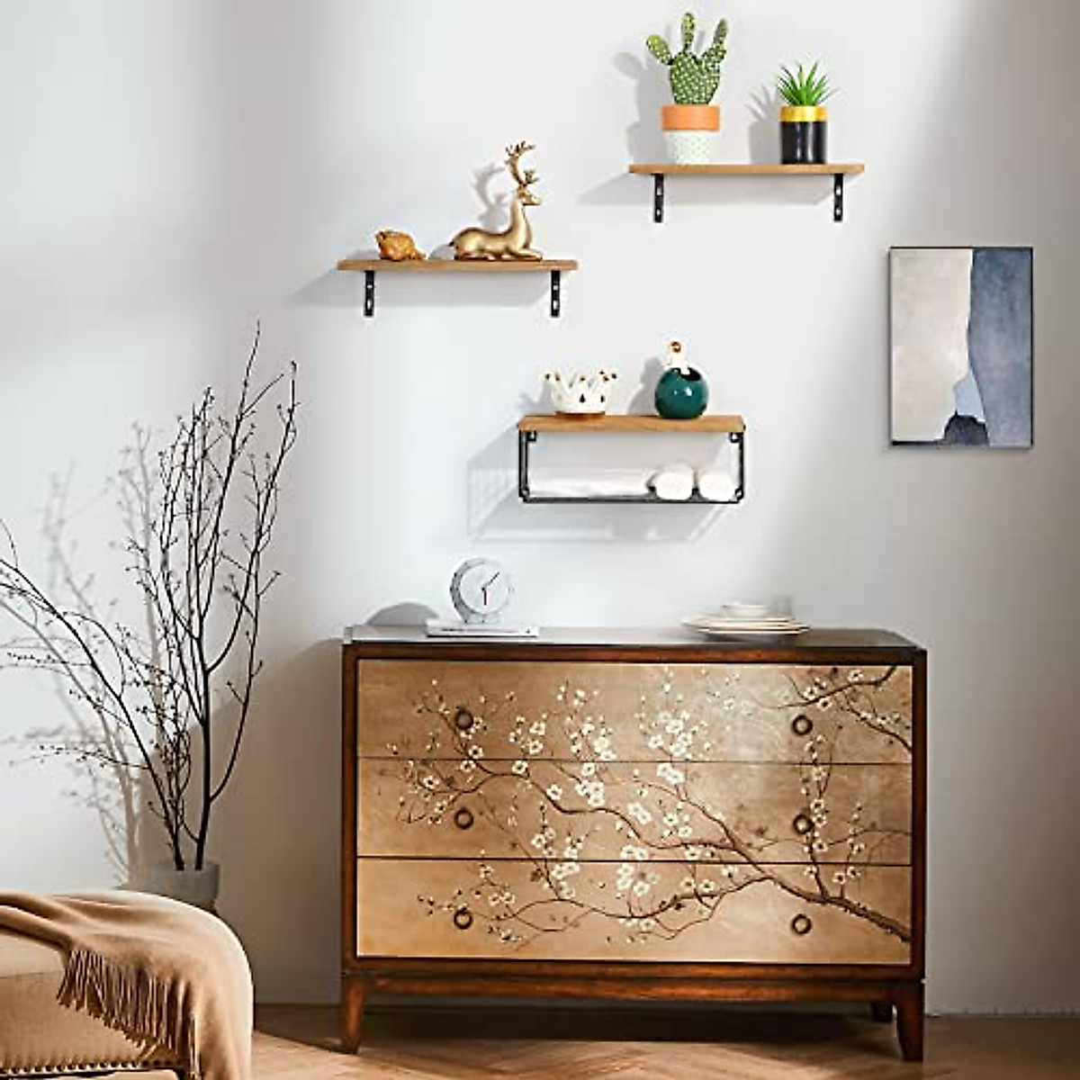 Set of 3 Floating Shelves with Paper Storage Basket Rustic Solid Wood Bathroom Shelves Farmhouse Wall Hanging Shelf Mounted Wall Decor for Living Room Kitchen Pantry Bedroom (Rustic Brown)