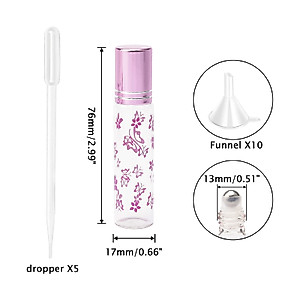 JIUWU 10ml/0.34oz Refillable Glass Roller Bottles, Pink Glass Roll on Bottles Empty Essential Oil Perfume Glass Sample Vials, with Funnel Dropper Opener, Pack of 12