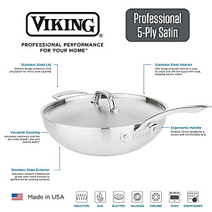 Viking Culinary Professional 5-Ply Stainless Steel Chef Pan, 12 Inch, Includes Steel Lid & Ergonomic Stay-Cool Handle, Dishwasher, Oven Safe, Works on All Cooktops including Induction