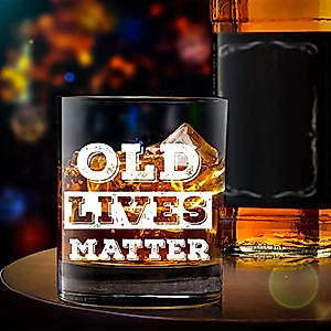 LIGHTEN LIFE Old Lives Matter Whiskey Glass 12 oz,Rock Glass in Valued Wooden Box,Funny Birthday or Retirement Gift for Grandpa,Dad ,Old Man,Old Fashioned Whiskey Glass