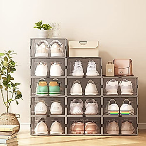 Fixwal XL-Large Shoe Storage Box, 12 Pack, Clear Plastic Organizers for Closet, Stackable, 13.2 x 10.1 x 6.42 Inch