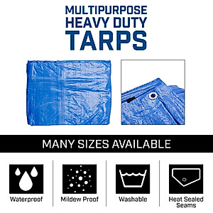 Grizzly Tarps by B-Air 8' x 10' Large Multi-Purpose Waterproof Heavy Duty Poly Tarp with Grommets Every 36", 8x8 Weave, 5 Mil Thick, for Home, Boats, Cars, Camping, Protective Cover, Pack of 4, Blue