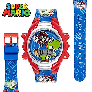 Accutime Super Mario Kids Digital Watch with Yoshi, LED Light Show, Soft Silicone Strap, Durable Kid-Friendly Design, Fun Time-Telling for Boys and Girls