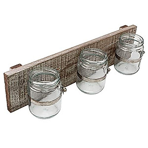 Stonebriar Rustic Industrial White Wash Wood Hanging Wall Decor with 3 Glass Jar Containers, Clear