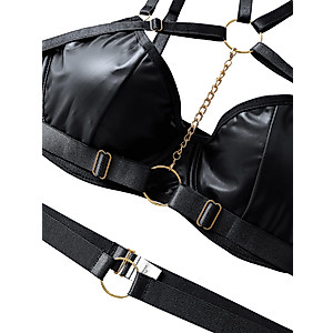 Lilosy Women Sexy Chain Strappy Underwire O Ring Push Up Garter Belt Chocker Lingerie Set Latex Harness Bra and Panty 3 Piece Leather Black Medium