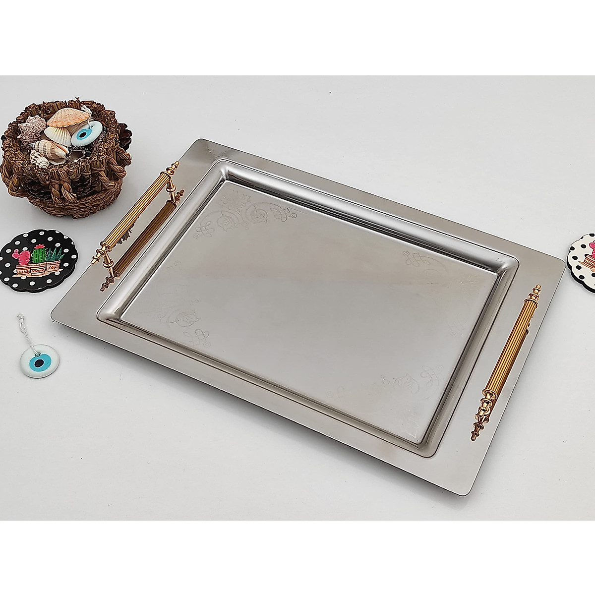 Candymosa Silver Serving Tray with Handles (18”x12”) - Stainless Steel Serving Tray for Drinks and Food - Silver Tray Decorative - Ideal as a Coffee Tray, Bar Tray, Silver Platter or Turkish Tray