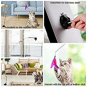 Cat Feather Toys Interactive Cats - Dorakitten Cat Powerful Suction Cup Handheld Teaser Wand Toy and 5PCS Replacement Feather with Bell for Kitty Kitten Scratching Exercise Indoor